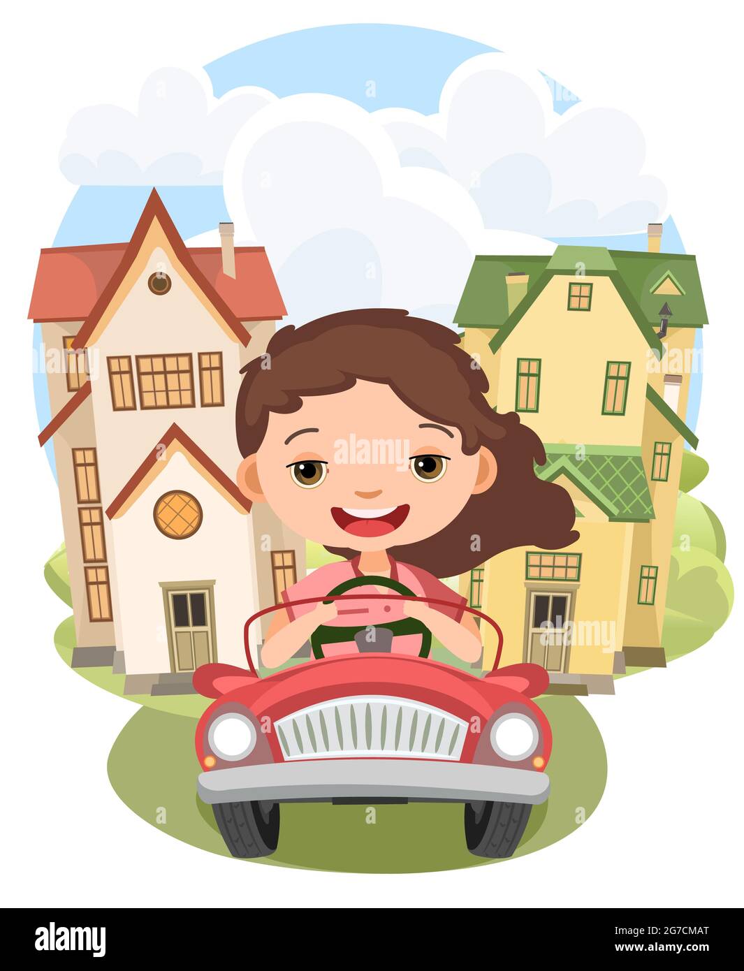 The child is driving. Against the background of rural houses. Baby ...