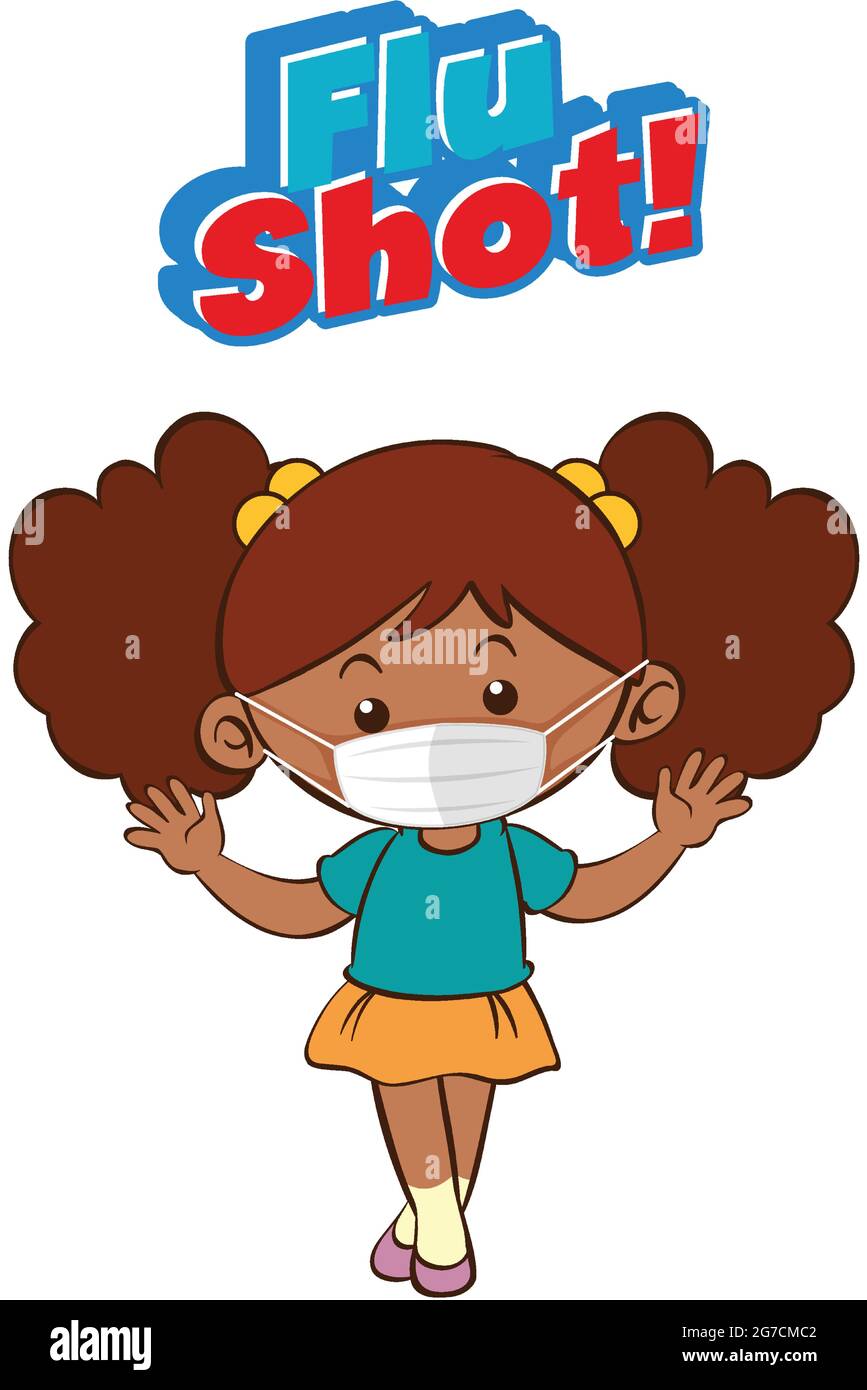 Flu Shot font in cartoon style with a girl wearing mask isolated ...