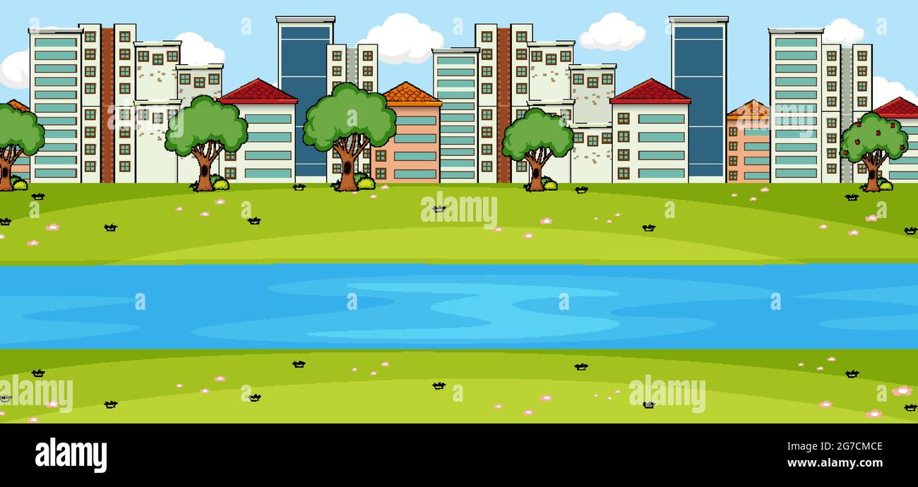 Horizontal scene with river and cityscape background illustration Stock ...