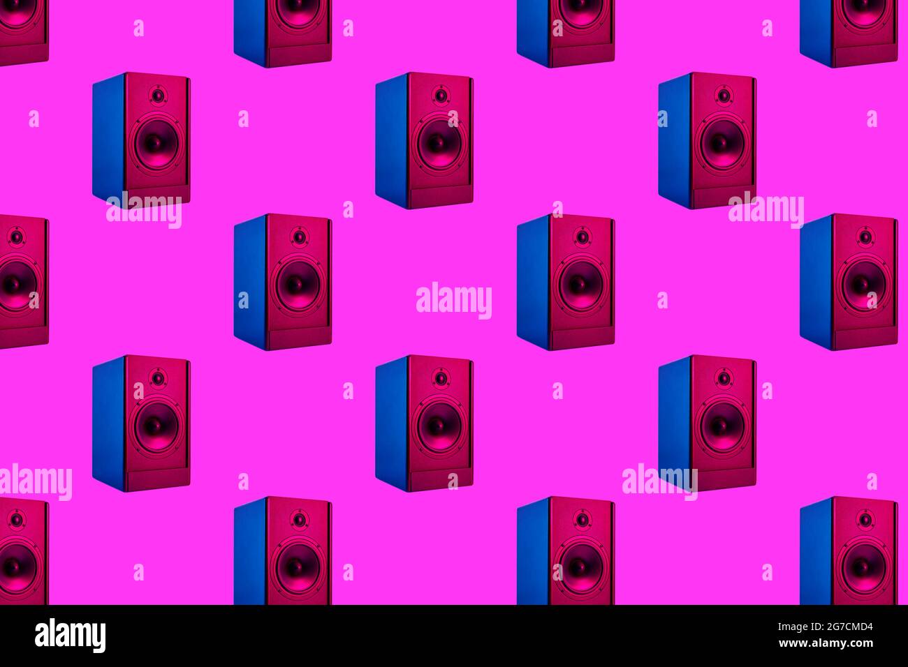 Seamless background with stereo neon colored sound audio speakers on ...