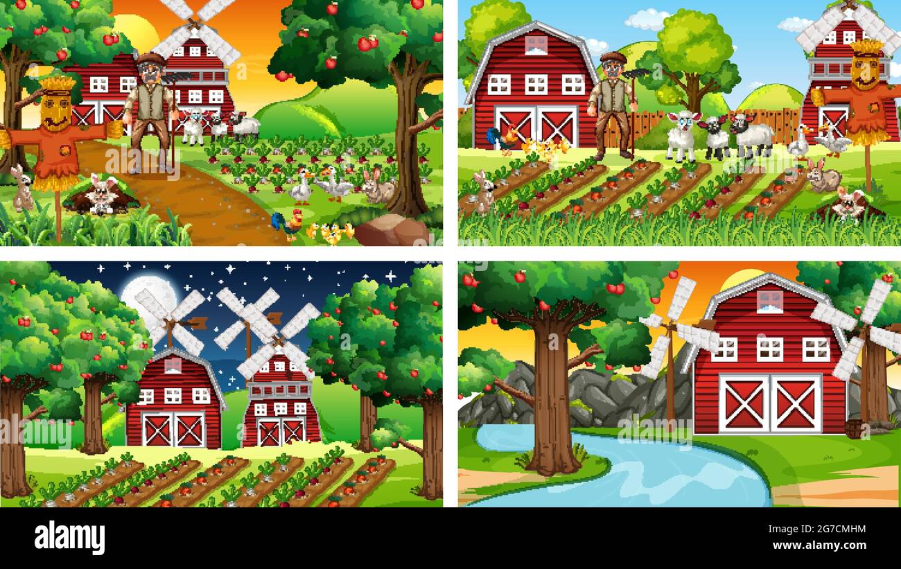 Different farm scenes with old farmer and animal cartoon character ...