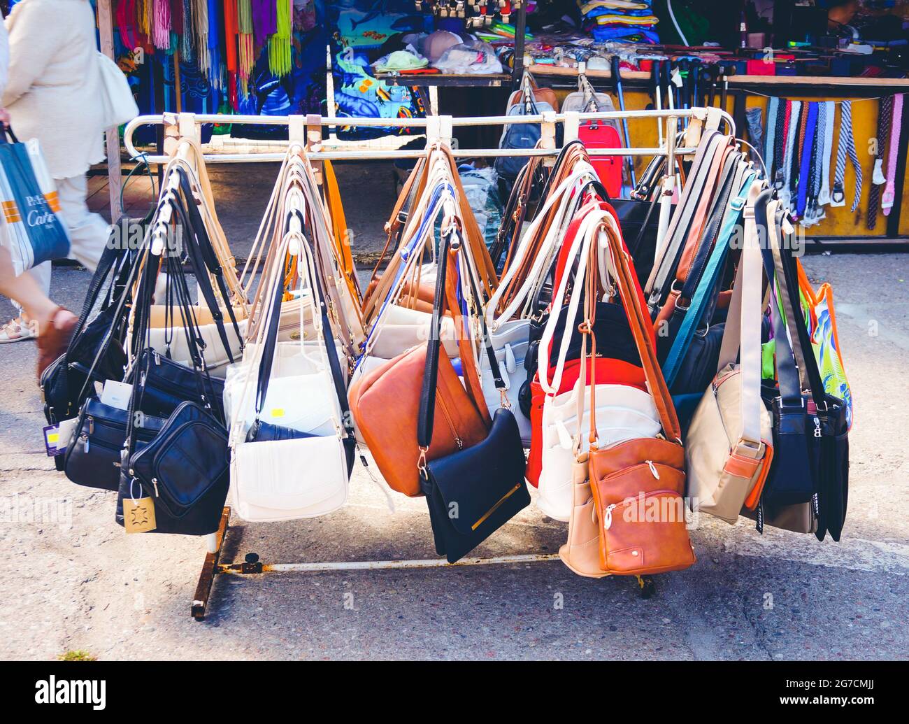 KOLOBRZEG, POLAND - Jul 25, 2015: Variation of leather bags for sale at ...