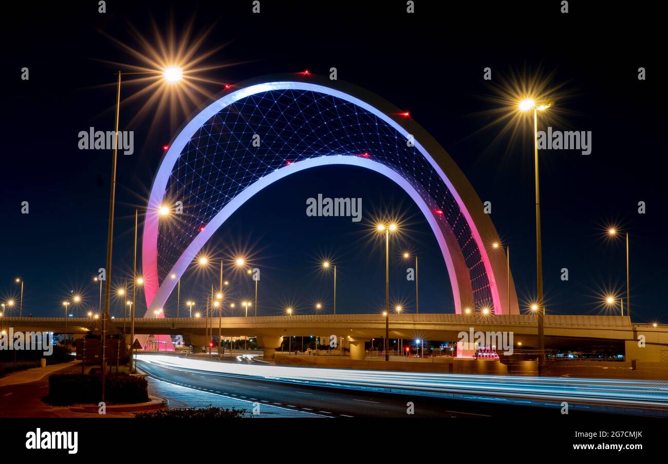 Doha, Qatar - May 26, 2021: Al Wahda Bridge in doha city. known as 56 ...