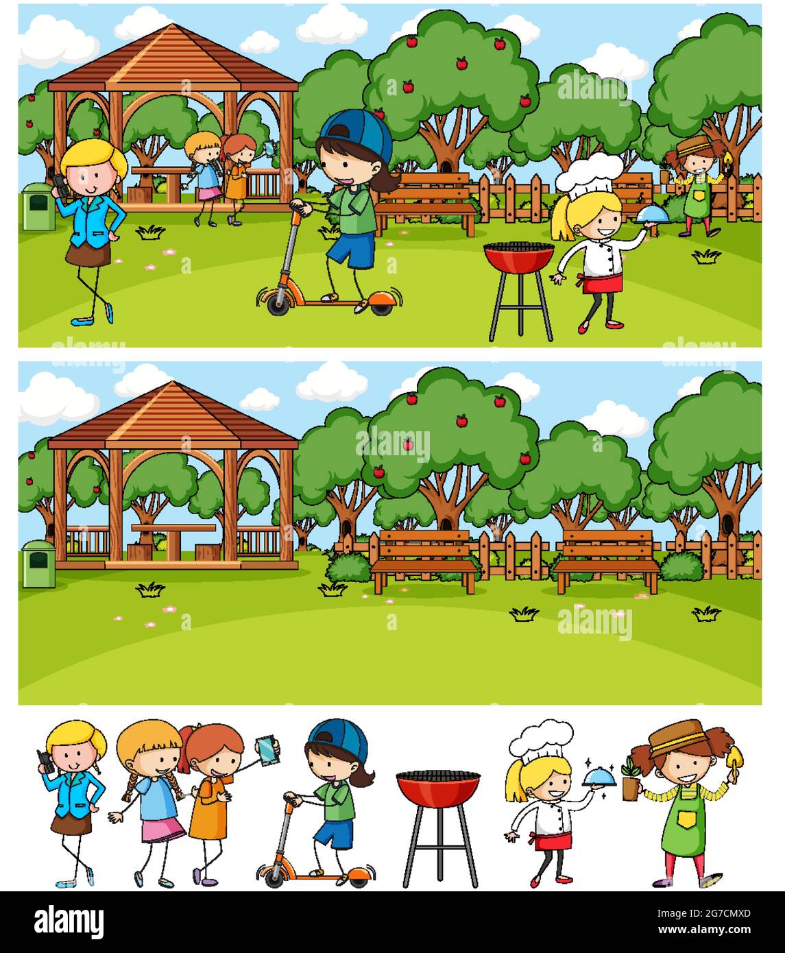 Set of different horizontal scenes background with doodle kids cartoon ...