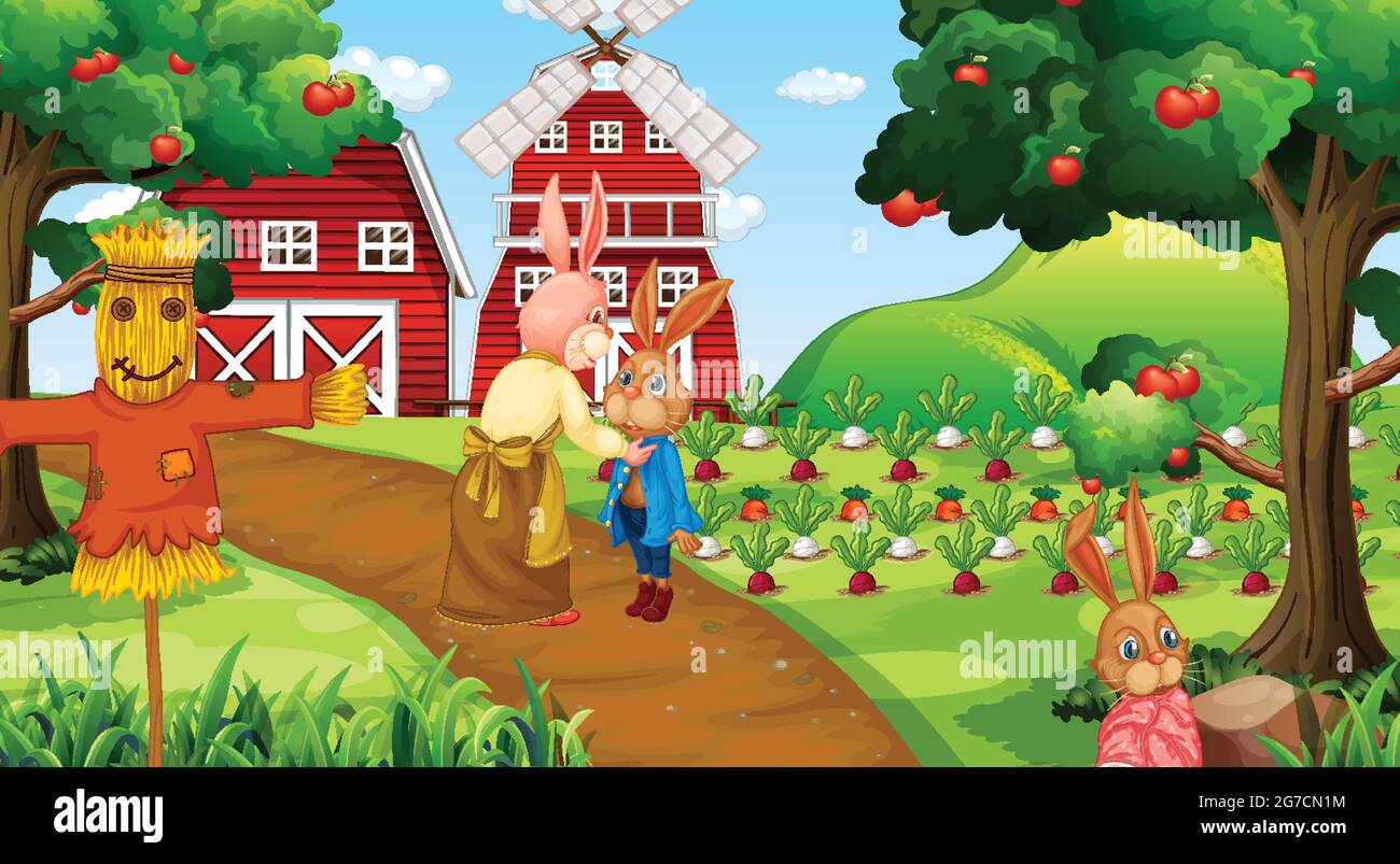 Farm scene at daytime with rabbit family illustration Stock Vector ...