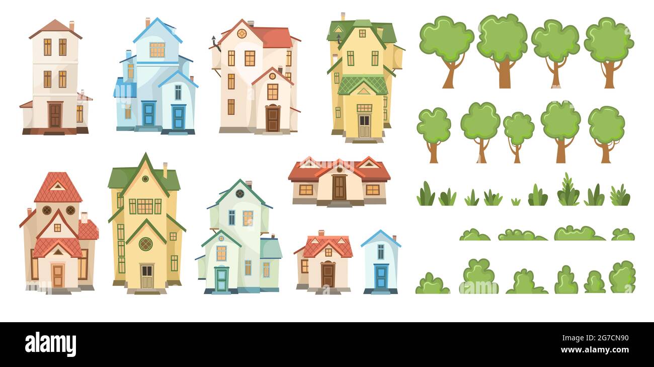 Cartoon house, trees and bushes. Set. A beautiful, cozy country house ...
