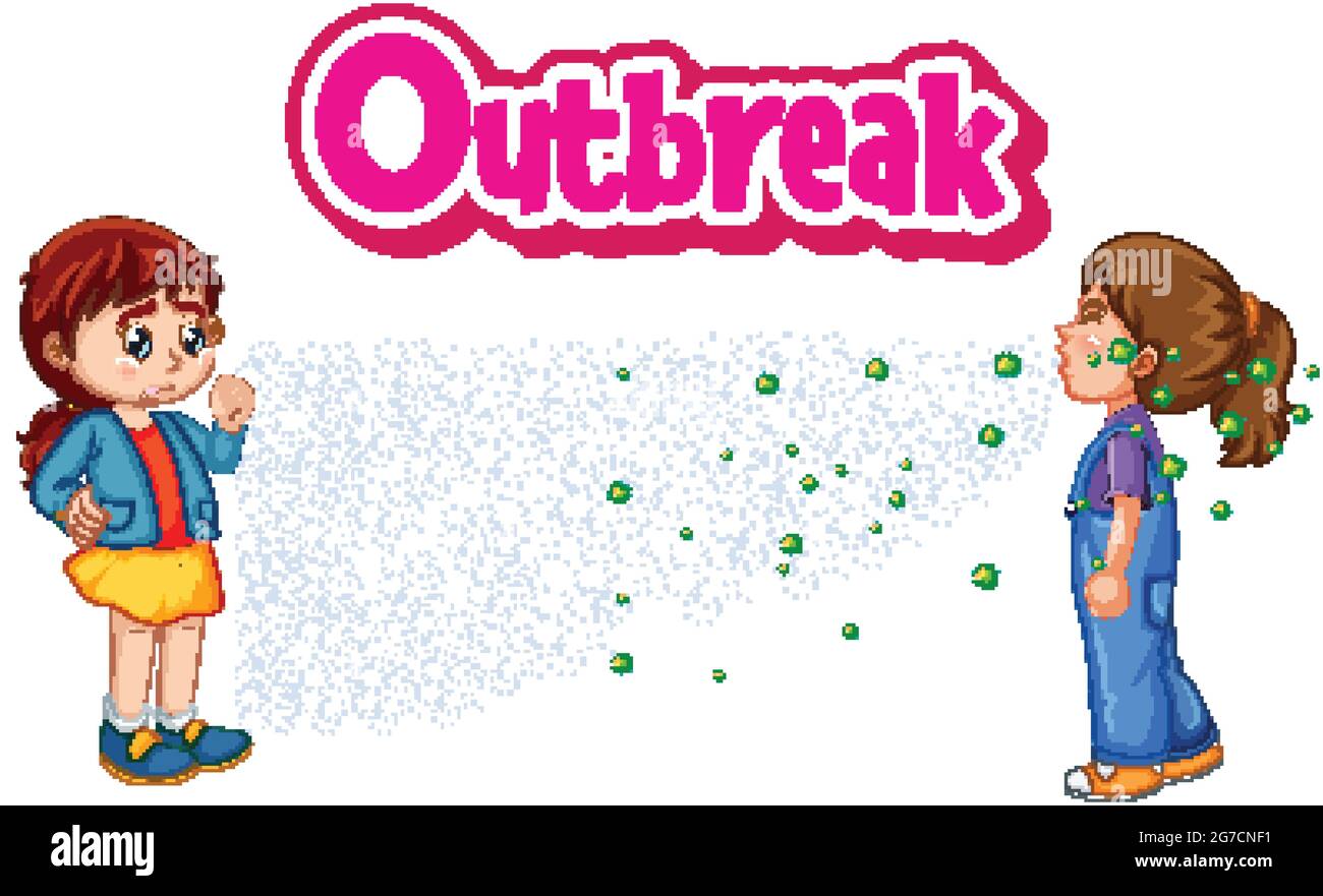Outbreak font in cartoon style with two kids keeping social distance ...