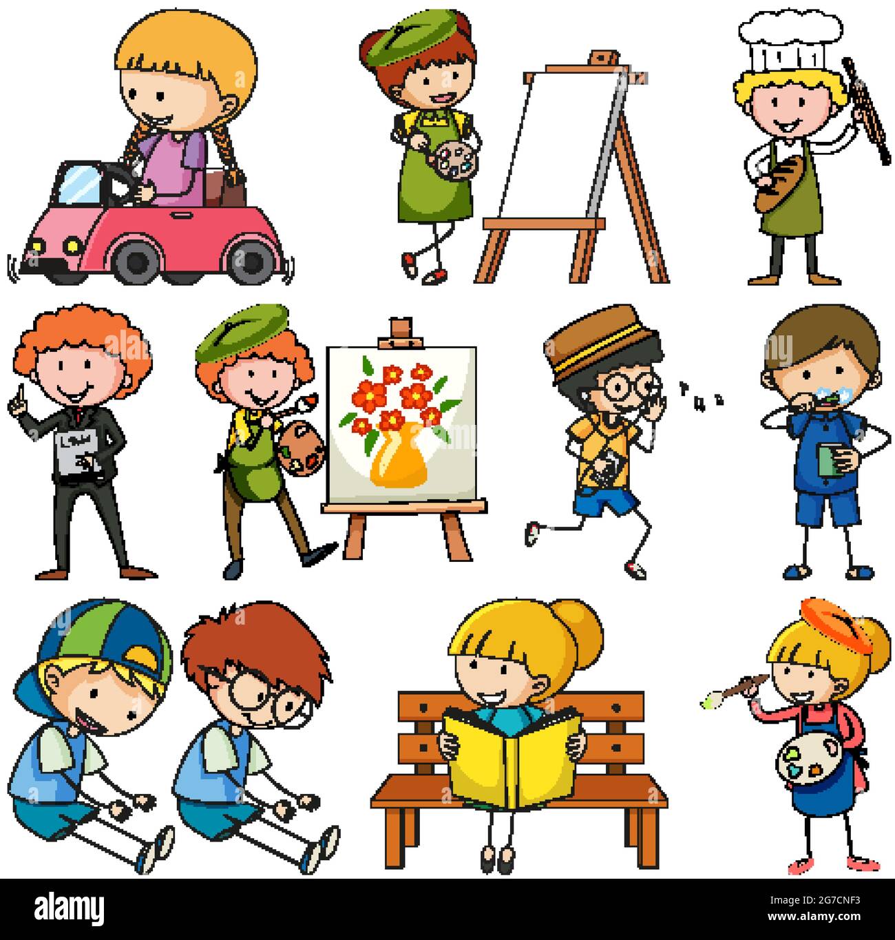 Set of different doodle kids cartoon character illustration Stock ...