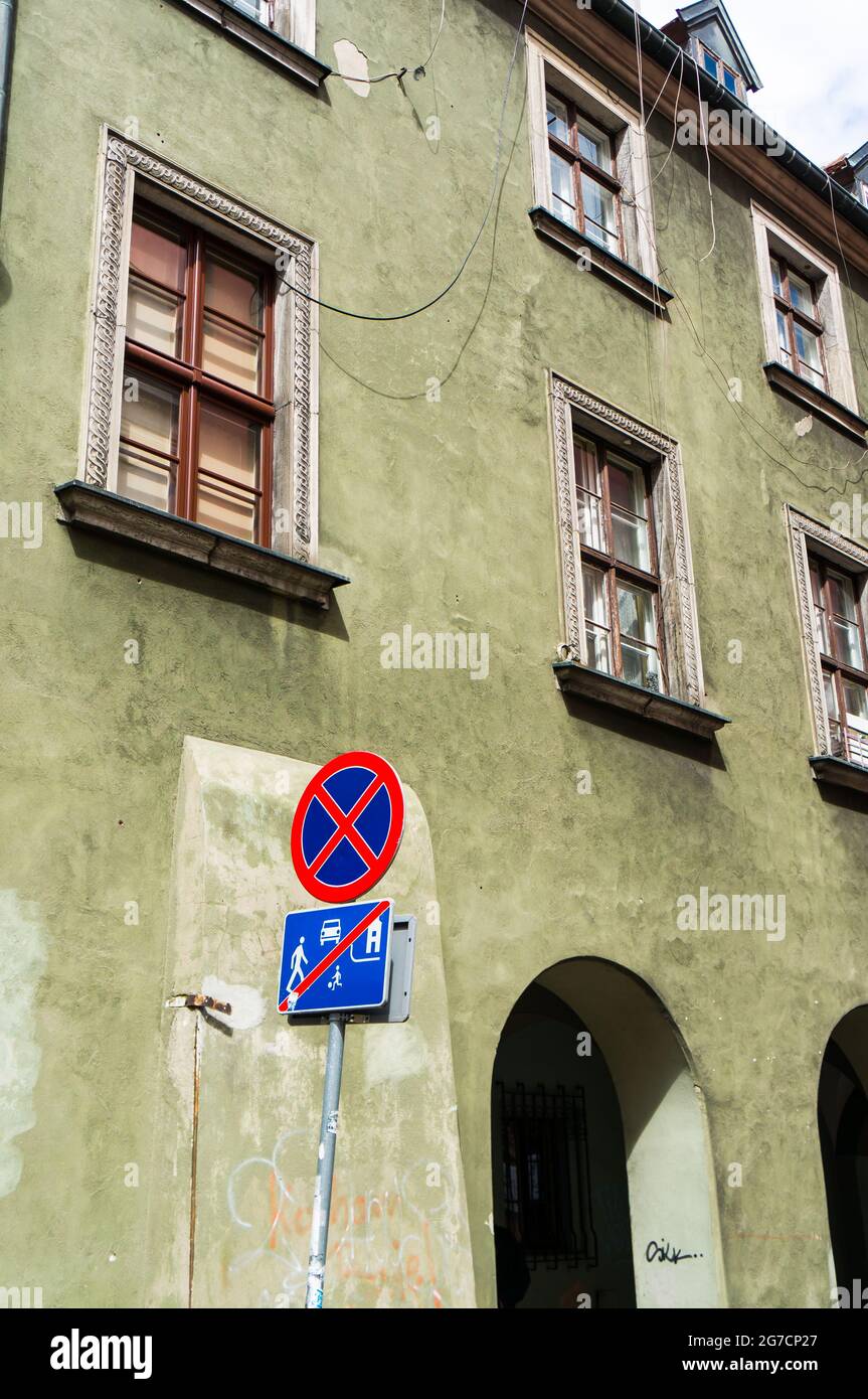 POZNAN, POLAND - Jun 04, 2014: A green building facade and a forbidden ...