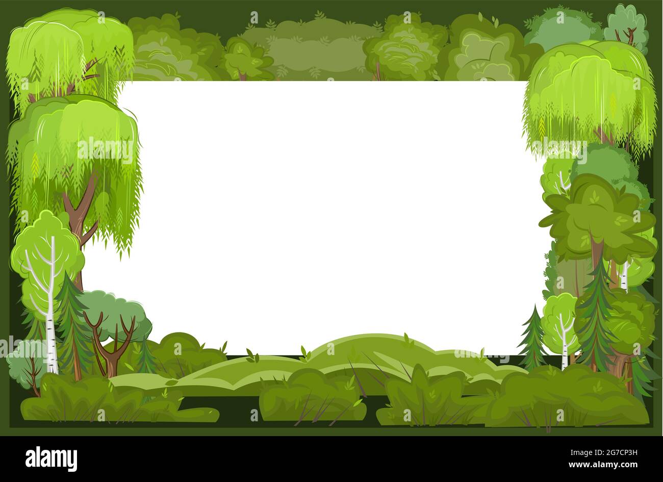 Frame made of summer trees and bushes. Objects are isolated on a white ...