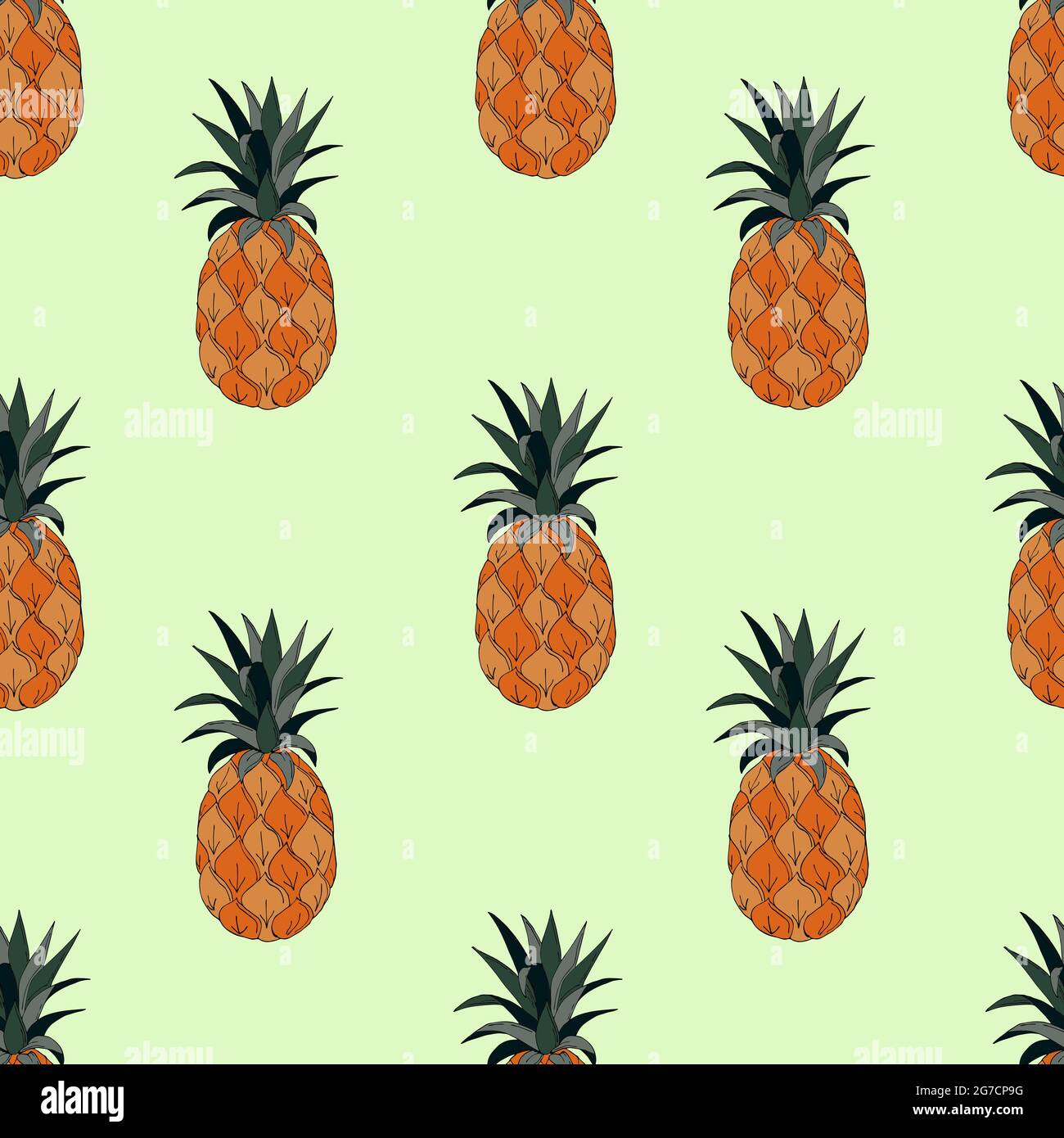 Seamless pattern with pineapples, hand-drawing doodling, green background. For textile backdrop ...