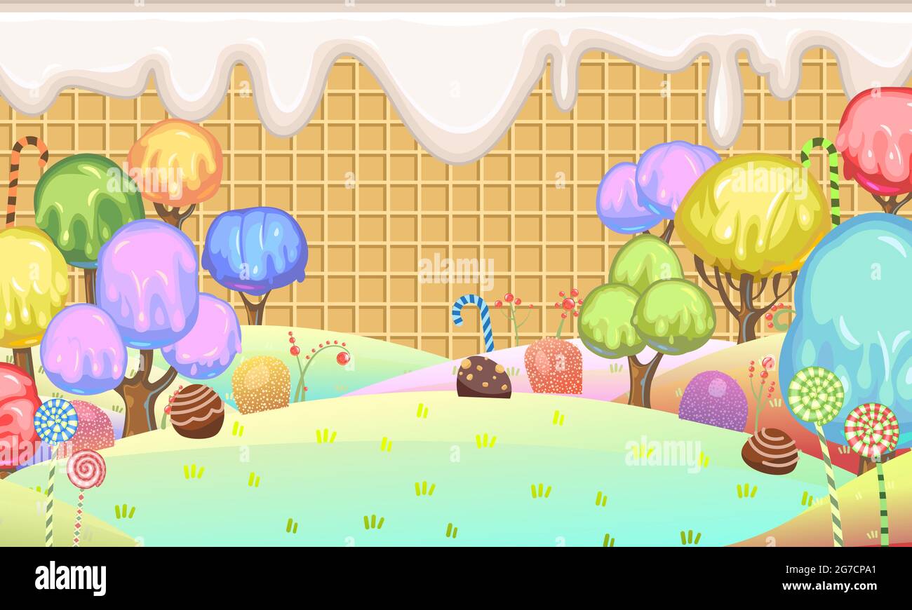 Sweets. Waffle wall with drips of milk cream. Trees with vanilla cream ...