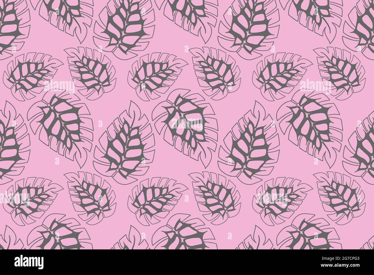 Monstera doodling leaves seamless pattern, pink background and gray ...