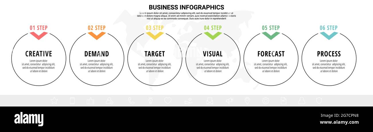 Vector line infographics template for six arrows and circles. Business ...