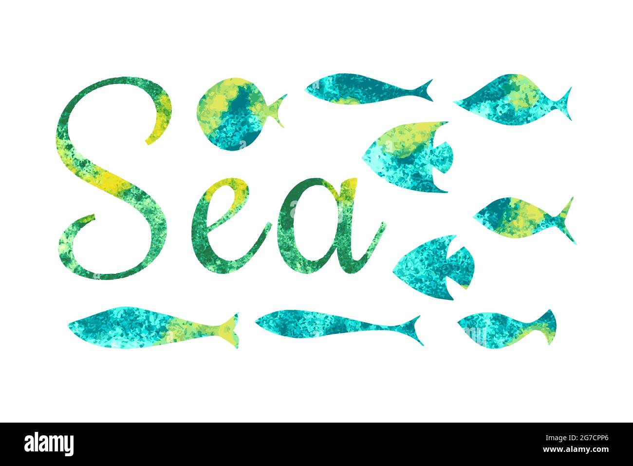 Set of watercolor fishes and the inscription Sea, cut out watercolor ...