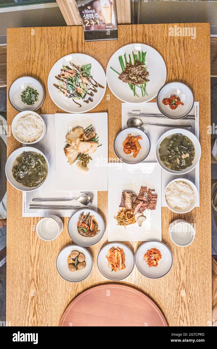 Top view of a lunch table full of traditional Asian dishes Stock Photo ...