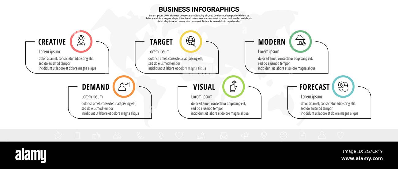 Business vector infographics with six line circles and labels. Timeline ...