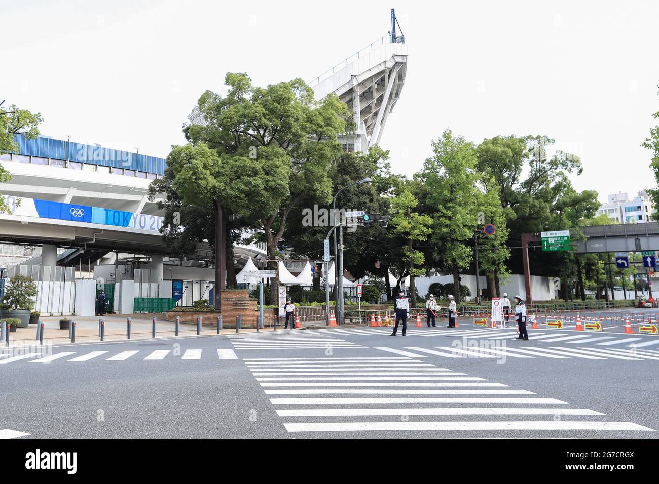 A road is blocked near the Yokohama Baseball Stadium before the 2020 ...