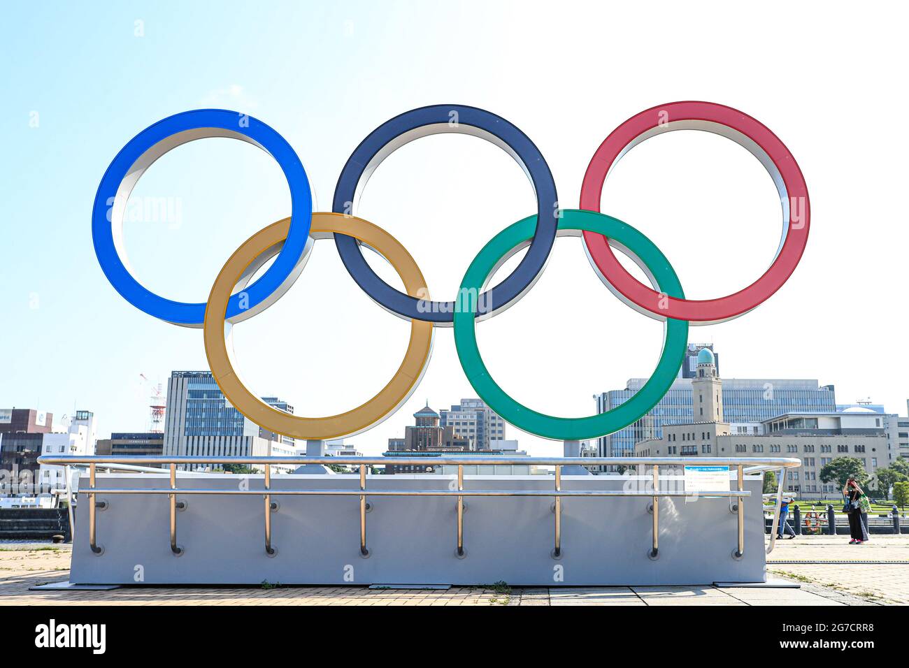 A large monument of the Olympic rings is displayed at Akarenga Park in ...