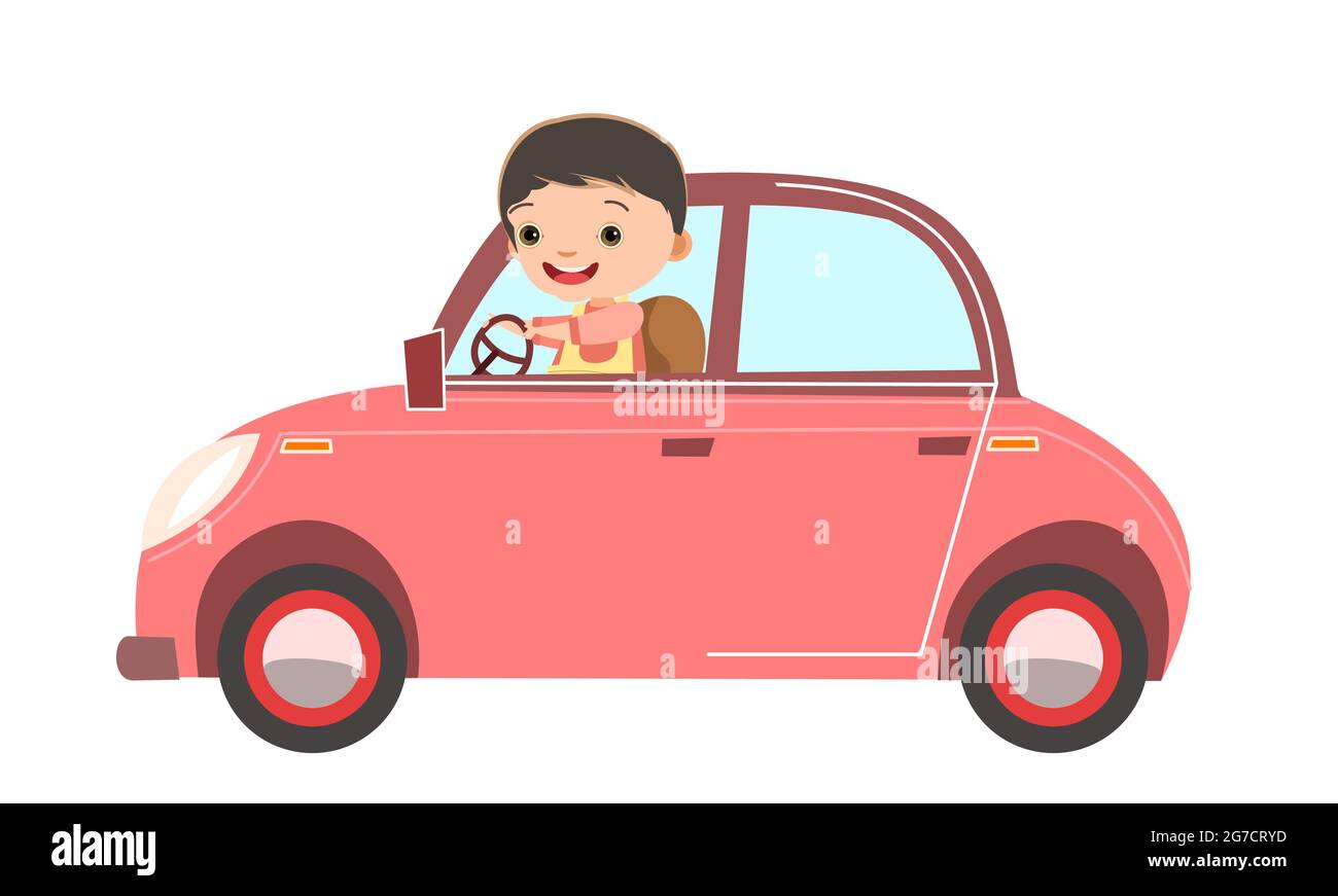 Childrens car. Kid rides on pink retro automobile. Toy vehicle. With a ...