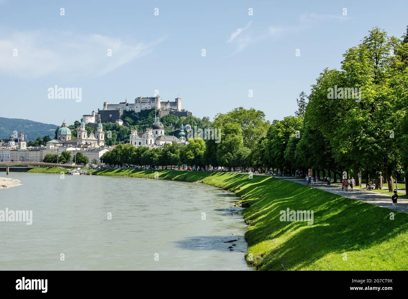 The cityscape of Salzburg as seen from the Salzach River Stock Photo ...