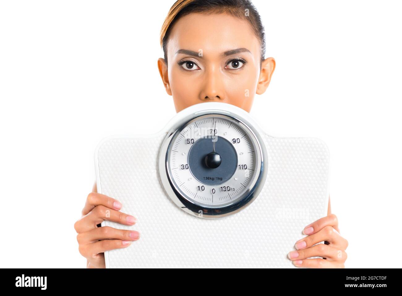 Asian woman with weight scale loosing weight Stock Photo - Alamy