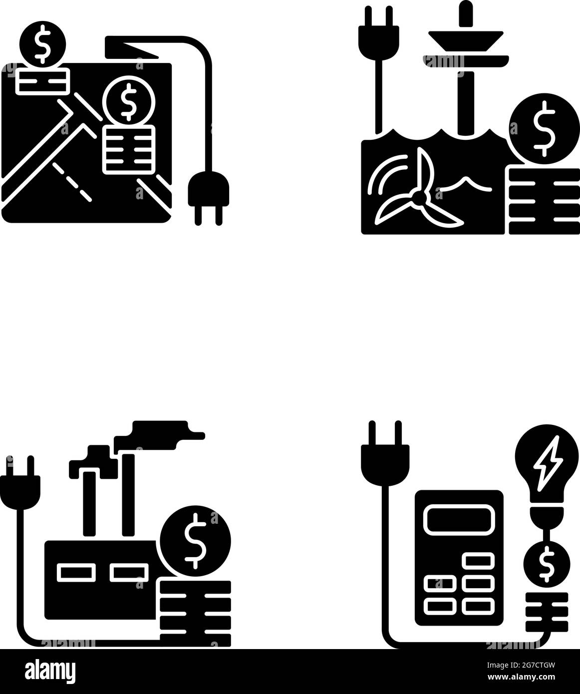 Electrical energy purchase expense black glyph icons set on white space ...