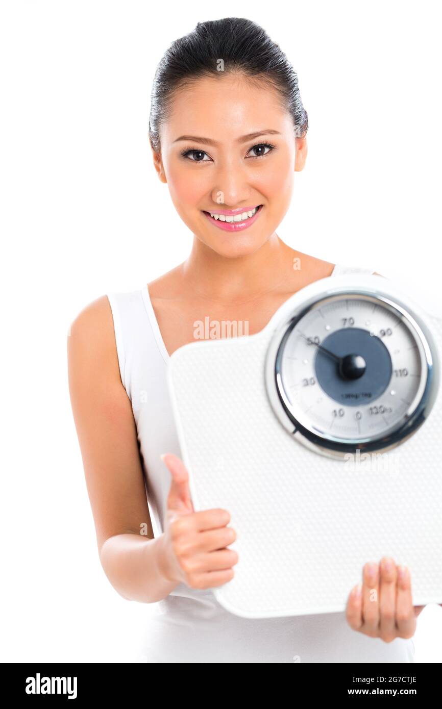 Asian woman losing weight with scale Stock Photo - Alamy