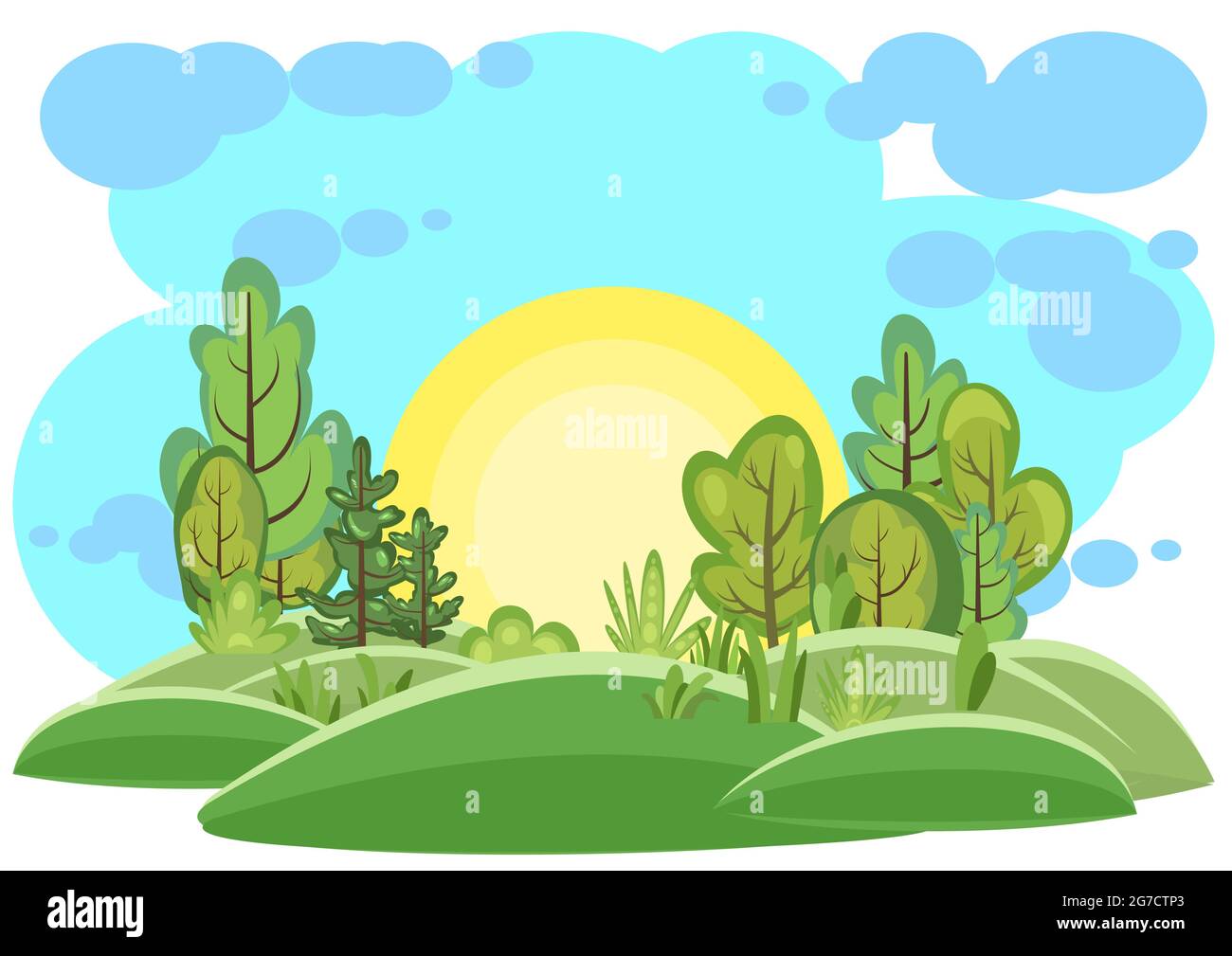 Flat forest. Illustration in a simple symbolic style. Sun. Funny green ...