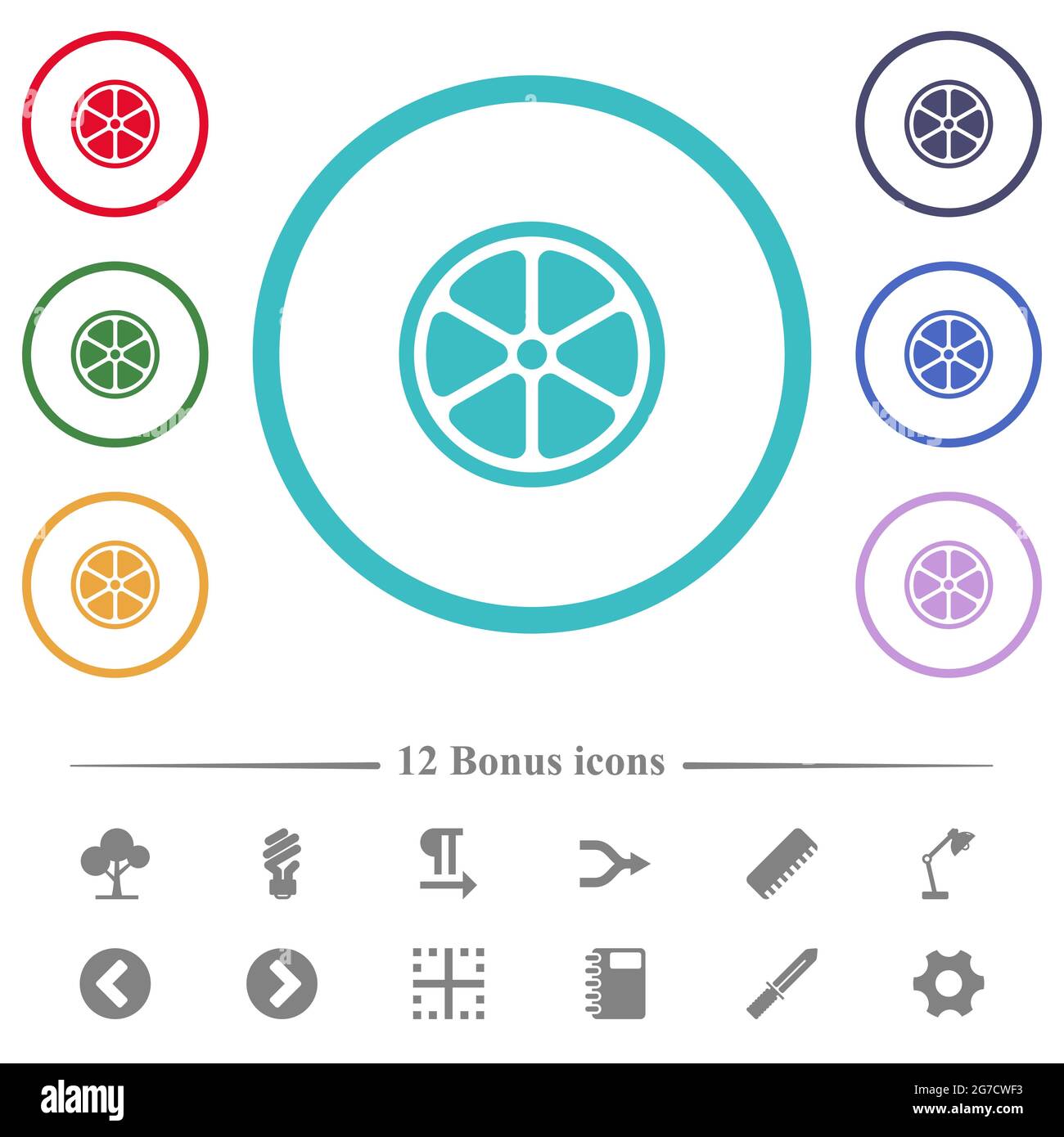 Lemon slice solid flat color icons in circle shape outlines. 12 bonus ...