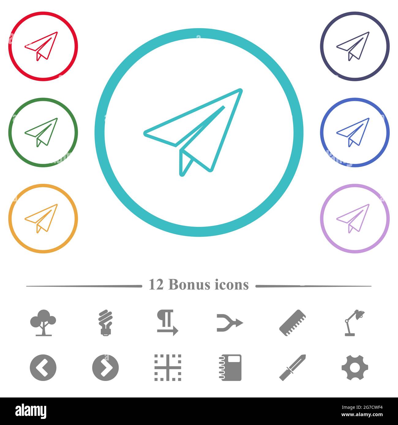 Paper plane outline flat color icons in circle shape outlines. 12 bonus ...
