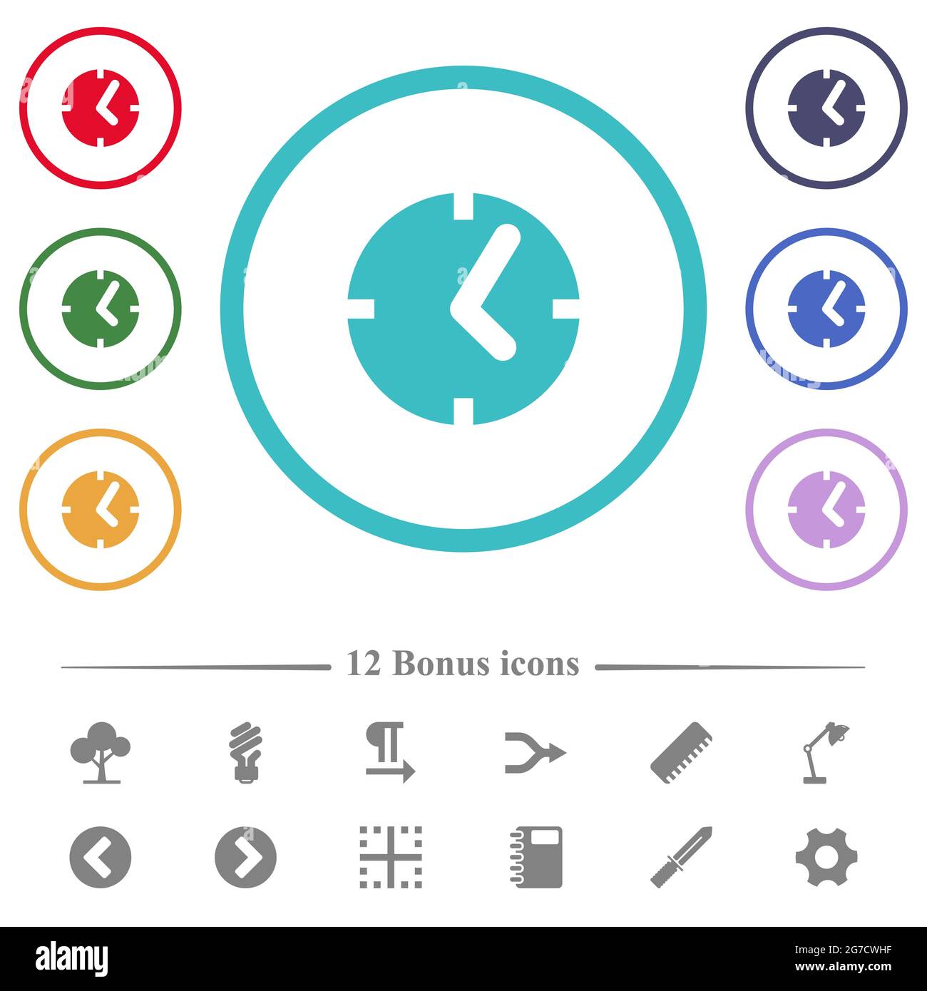Clock flat color icons in circle shape outlines. 12 bonus icons ...