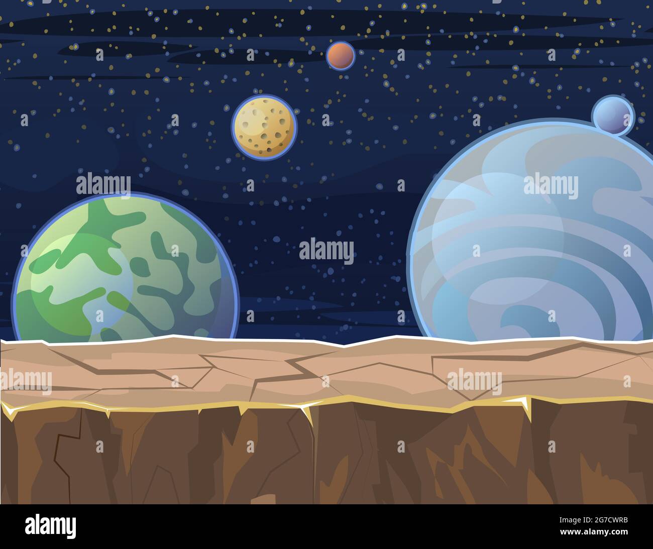 Cosmos background. Platform. Starry sky landscape. Planets. Flat style ...