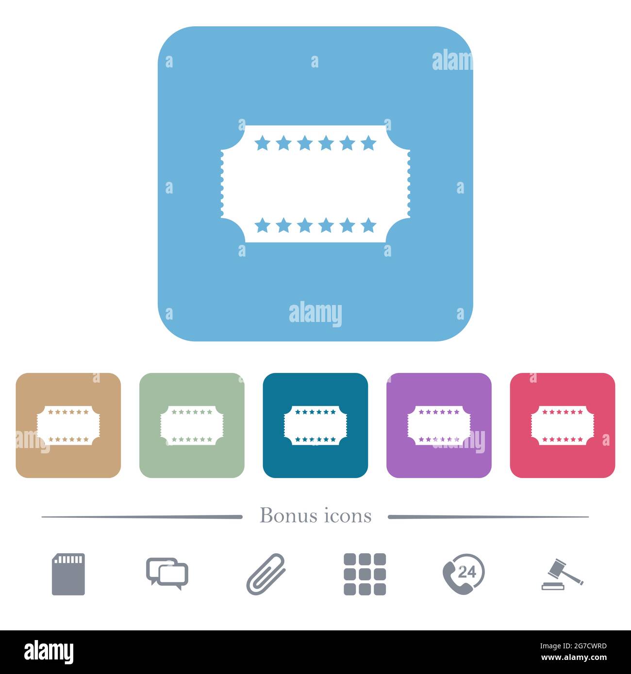 Ticket with stars white flat icons on color rounded square backgrounds ...