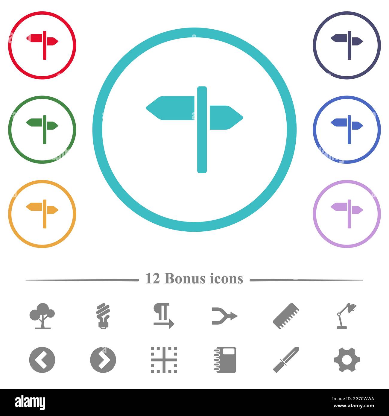 Signpost flat color icons in circle shape outlines. 12 bonus icons ...