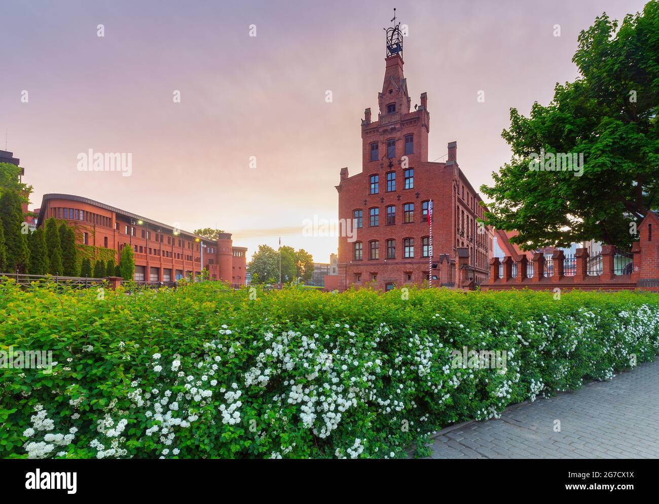Red brick building of the city fire station at sunrise. Poznan. Poland ...