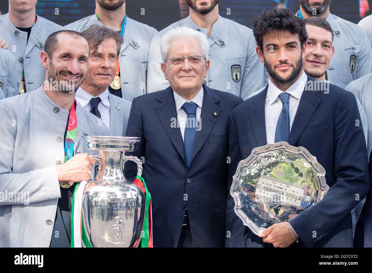 Rome, Italien. 12th July, 2021. the UEFA EURO 2020 trophy as players ...