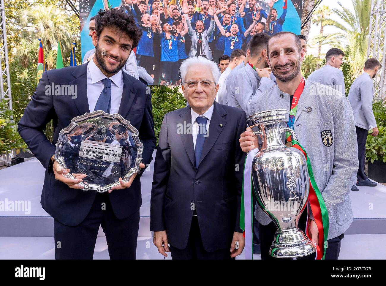 Rome, Italien. 12th July, 2021. the UEFA EURO 2020 trophy as players ...
