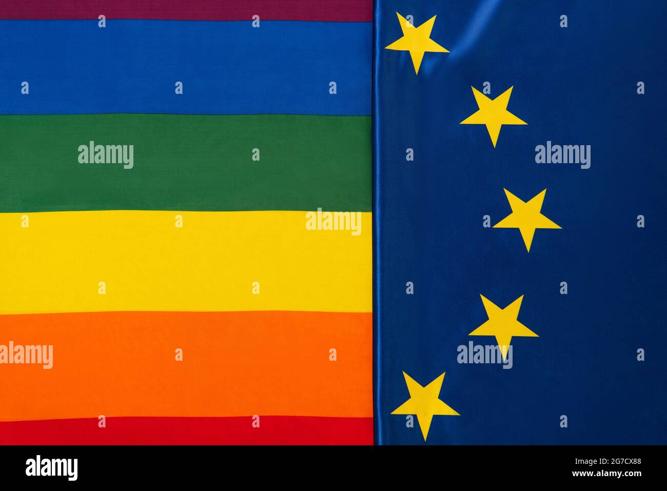 top view of european union and lgbt flags, equality rights concept ...