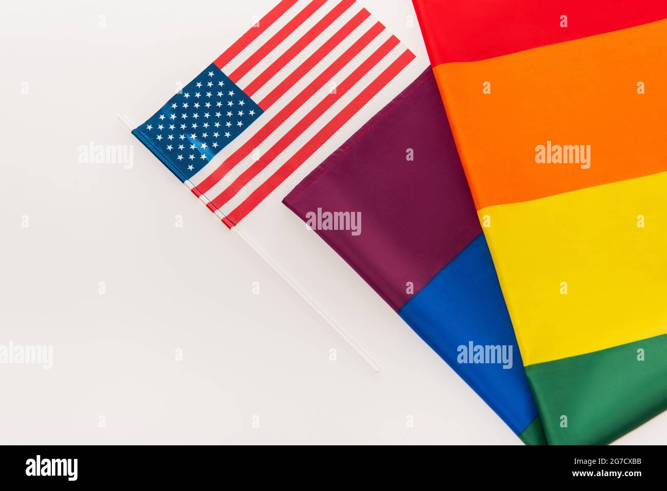 high angle view of american and lgbt flags isolated on white Stock ...