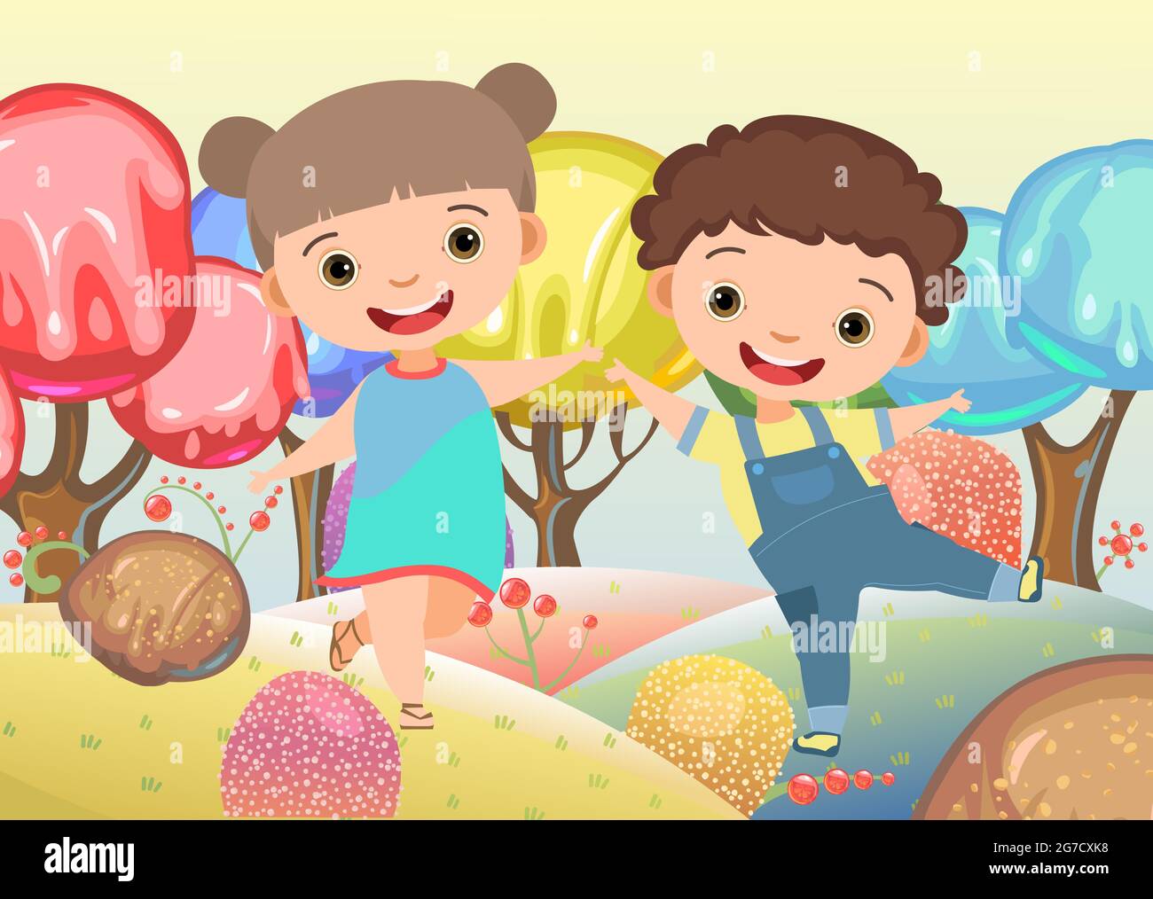Kiddies on Candy Background. Cartoon sweet land. Boy and girl. Ice ...