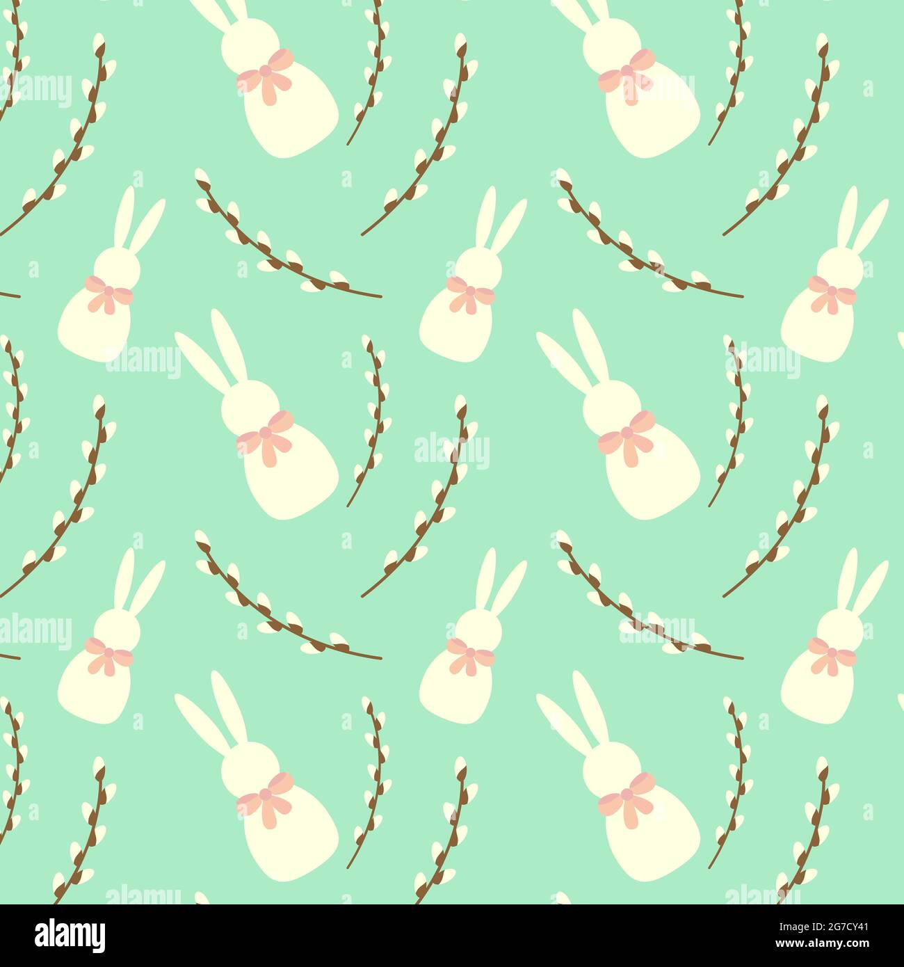 Easter pattern in pastel colors with a rabbit and a willow twig, seamless background, turquoise ...