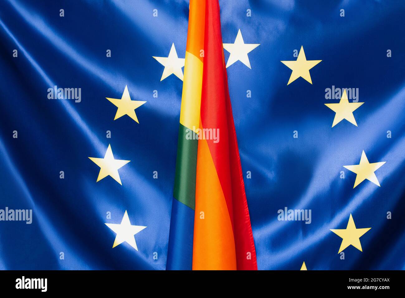close up of european union and lgbt flags, equality rights concept ...
