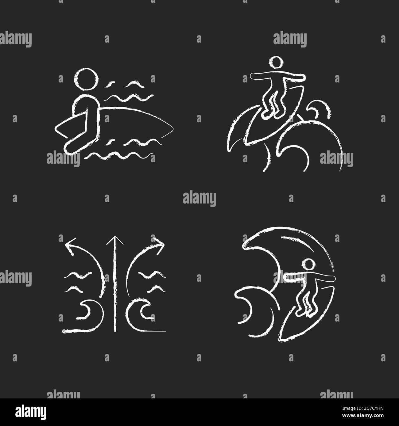 Riding wave using board chalk white icons set on dark background Stock ...