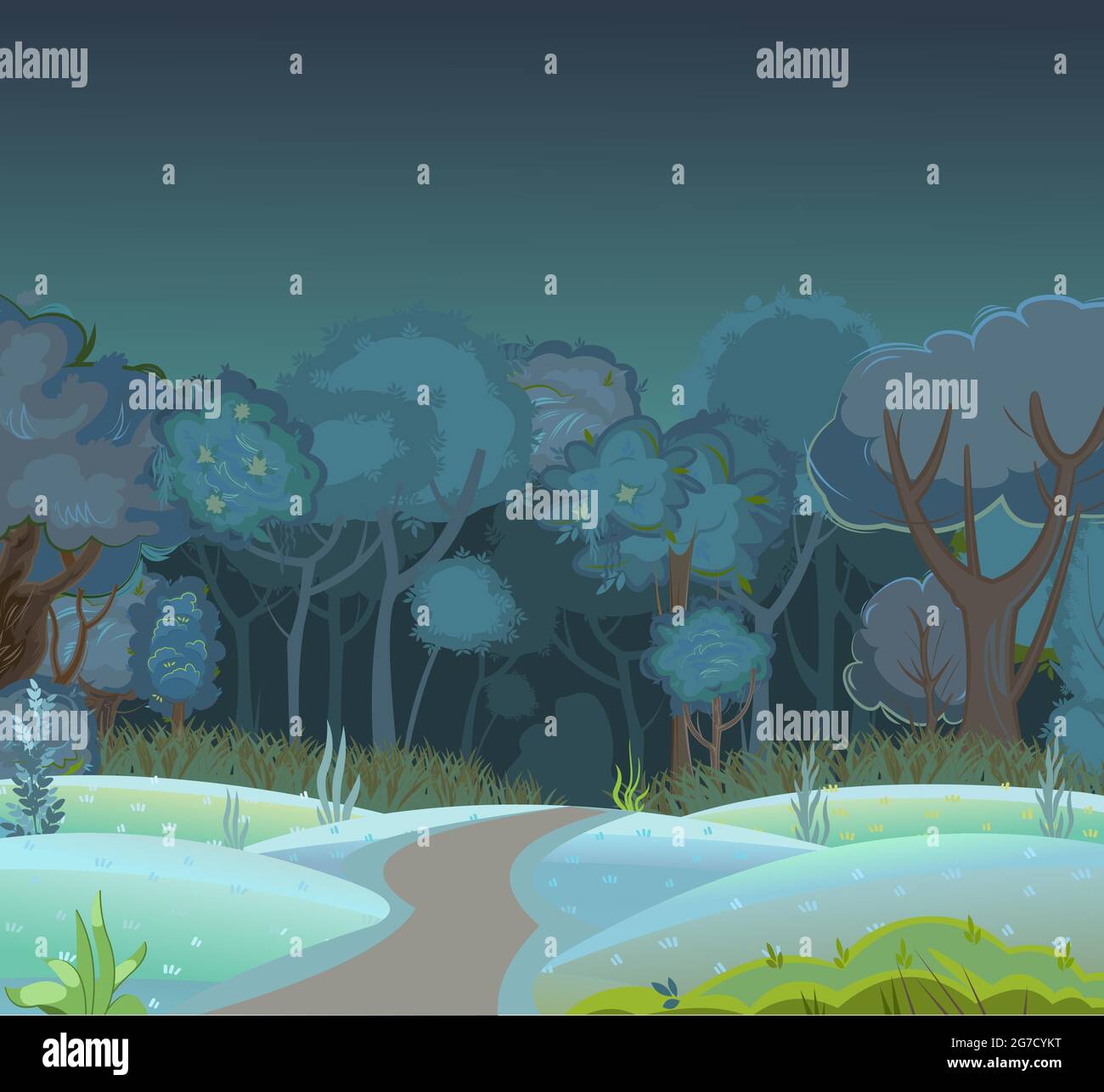 Forest night meadow. Dark trees. Road. Edge with grass and hills. Glade ...