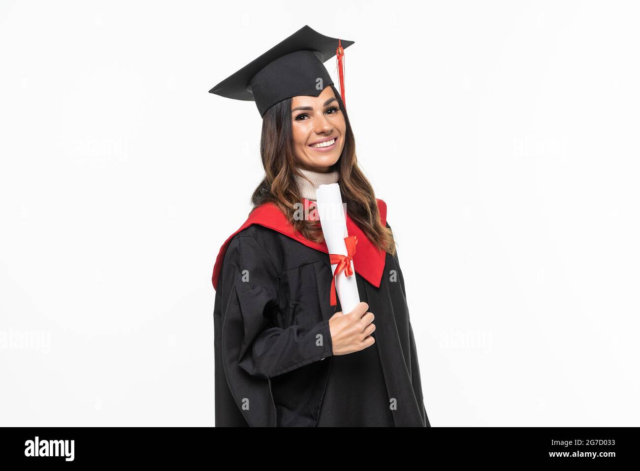 Graduate young woman holding certificate isolated on white background ...
