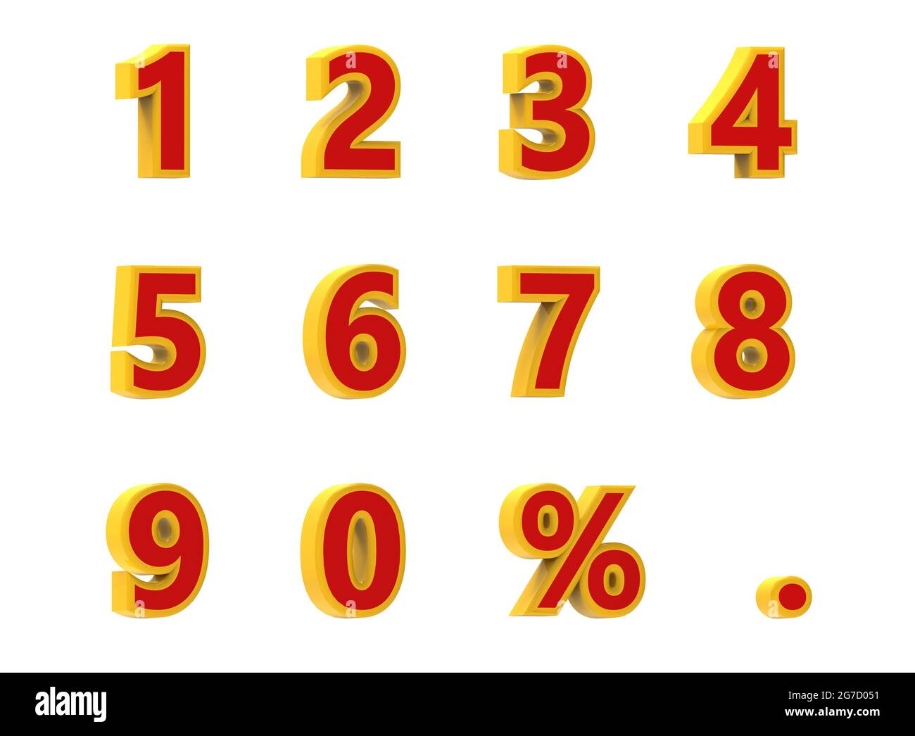 Numerical letters with percentage symbol and a dot symbol in red and ...