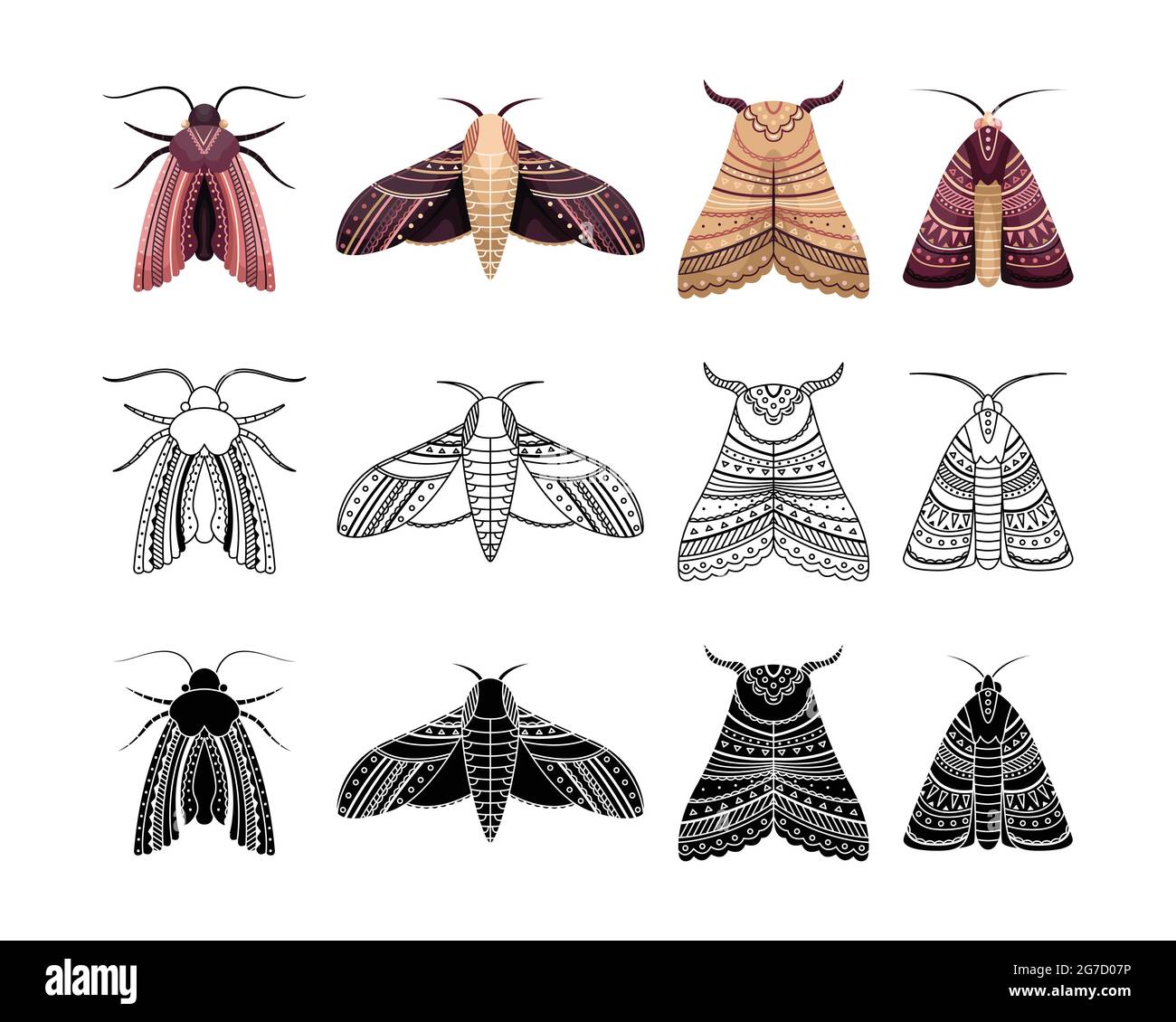 Boho set of moths with geometrical patterns. Outline, flat and simple ...