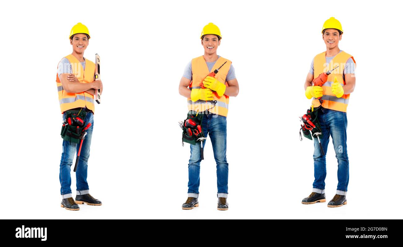 Asian construction worker, compositing of three scenes, isolated on ...