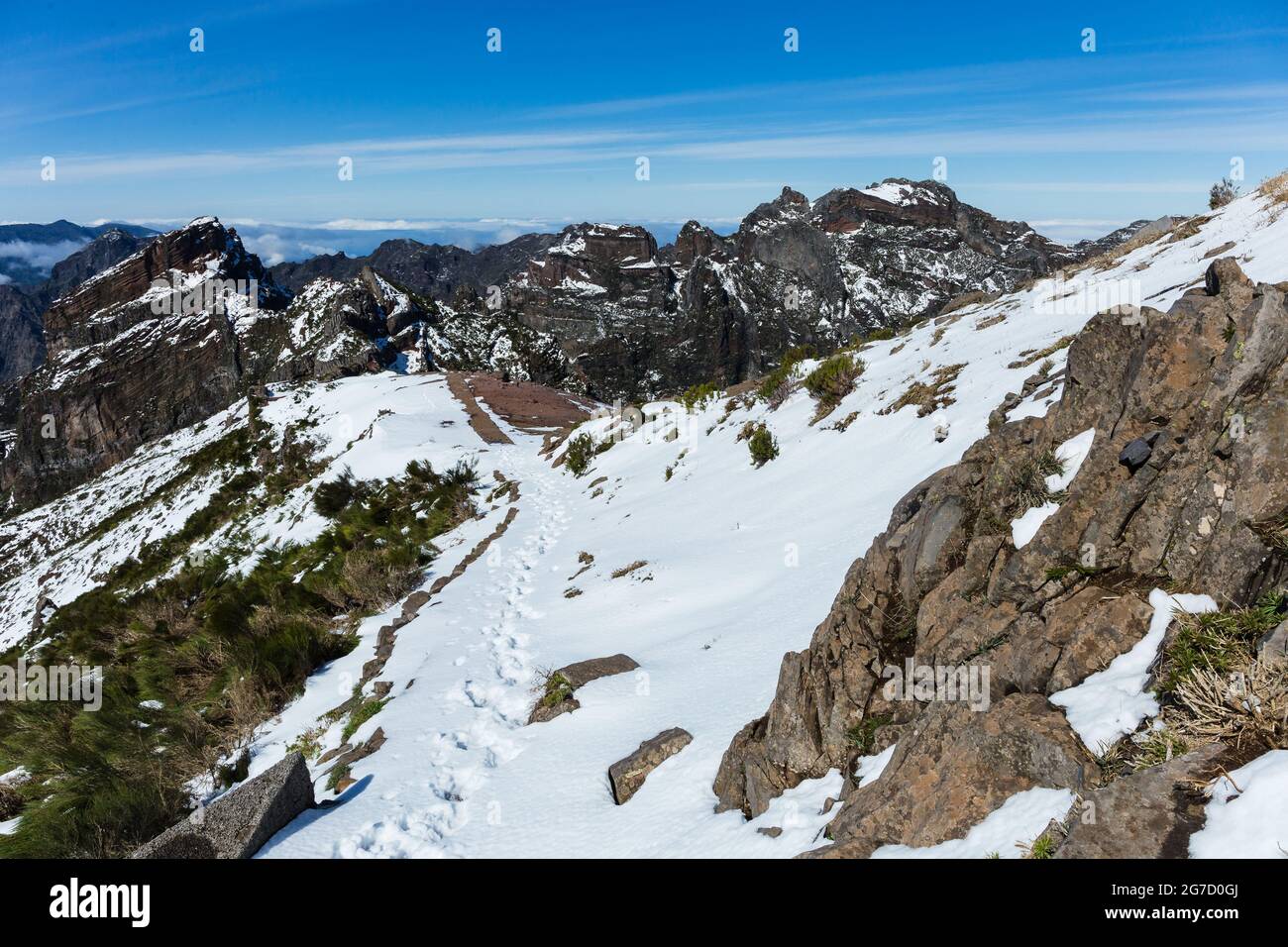 Beginning of footpath from Pico do Areeiro to Pico Ruivo surrounded ...
